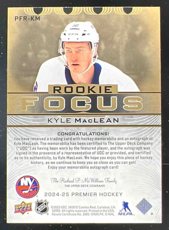 2024-25 UD Premier Focus Auto Patch Rookies Gold Kyle MacLean Auto /49 ...