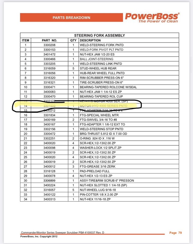 PowerBoss TSS/82 Hydraulic Motor 4000 Series Main Drive Part Number ...