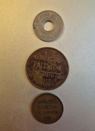 3 Palestine Coins; 5 Mils (1935), 2 Mils (1927), 1 Mile Bronze (1939 ...