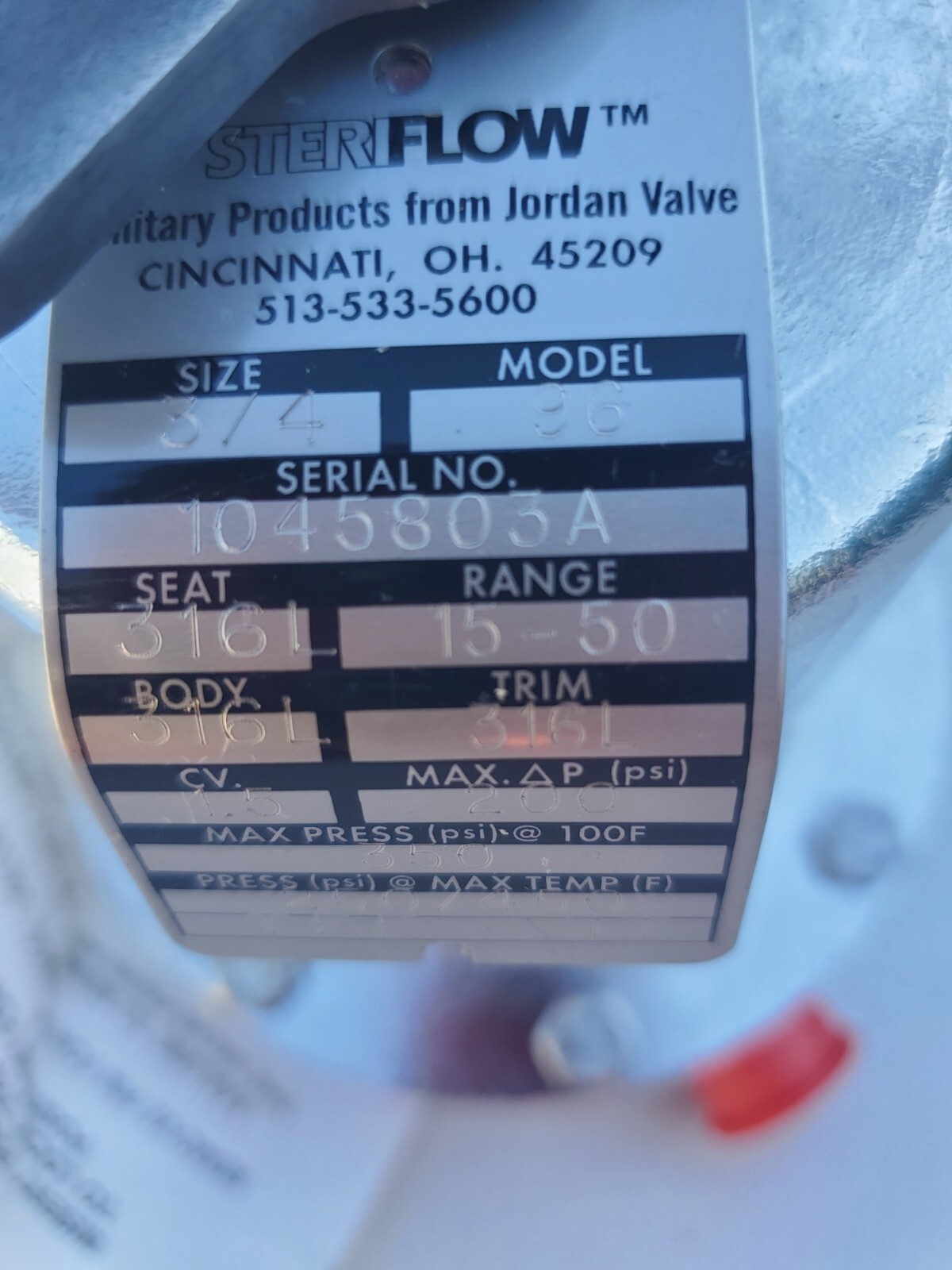 Steriflow Jordan Valve Model 96 SS 3/4" 316L 15-50 psi sanitary fitting ...