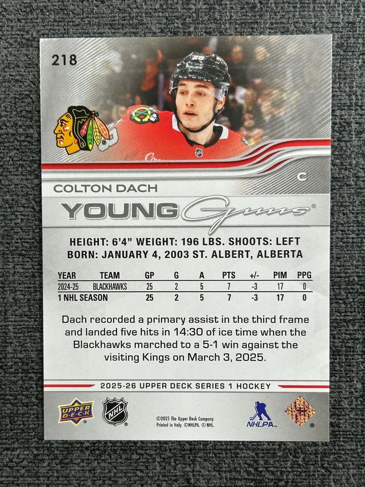 Colton Dach 2025-26 Upper Deck Series 1 Hockey Rookie Young Guns #218 ...