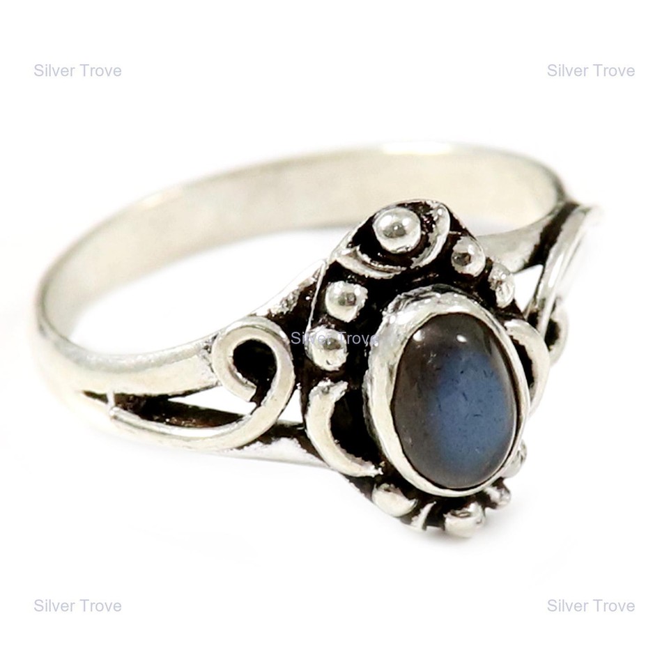 Natural Labradorite Gemstone Band Black Ring 925 Sterling Silver Indian ...