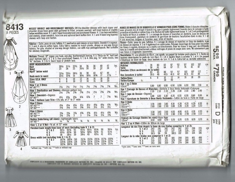 Simplicity # 8413 VTG Bridal Gown/Bridemaids Dress in 3 Lentghs Pattern ...