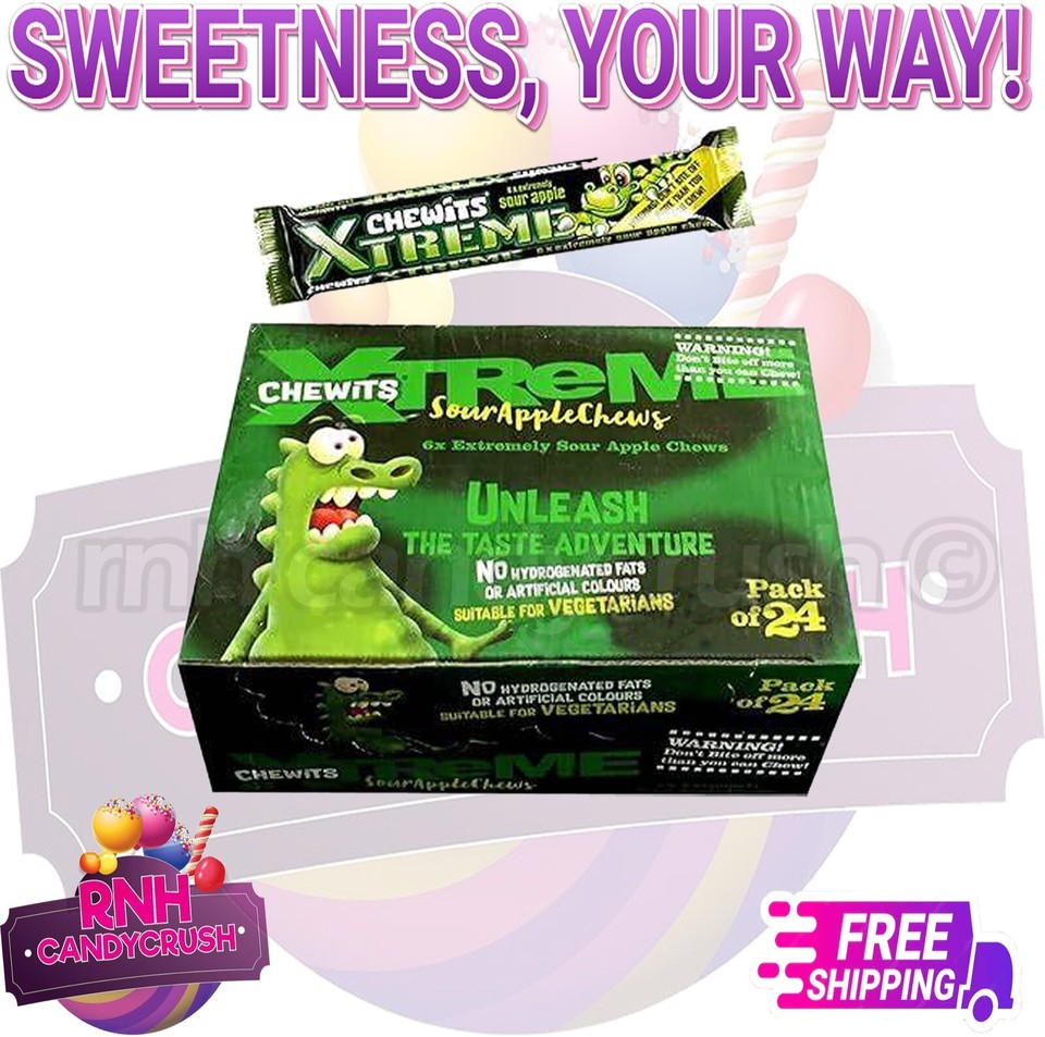 Chewits Xtreme Extremely Sour Apple & Cherry Chews 34g Each Pack Sweets ...