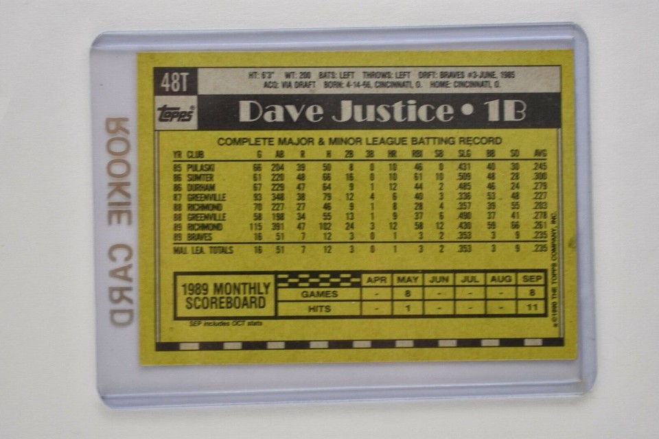 1990 Topps David Justice Atlanta Braves #48T Rookie Baseball Card Mint ...