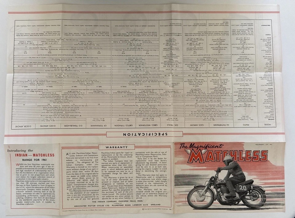 1960 / 1961 Indian Magnificent Matchless Motorcycle Brochure Spec Sheet ...