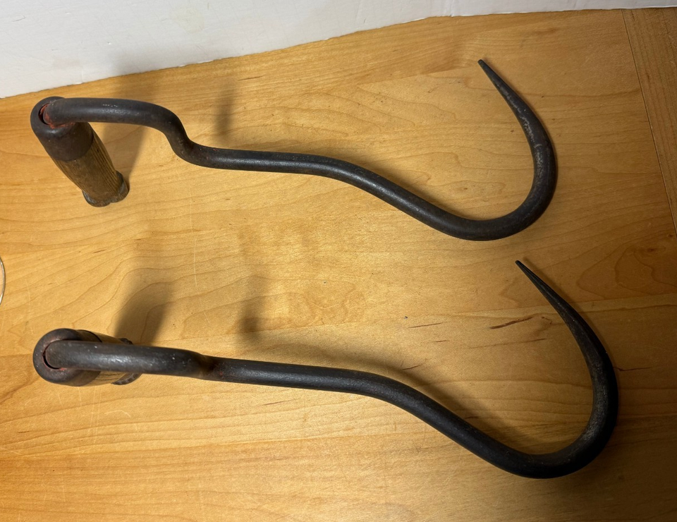 2 Vintage Hand Forged Iron Hay Bale Hooks Wooden Handles Primitive Farm ...