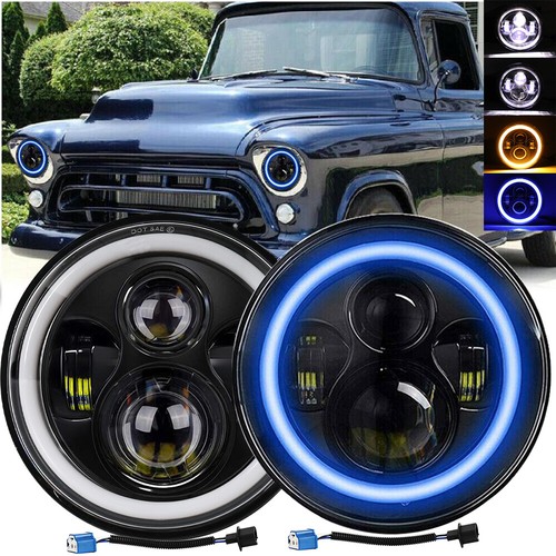 Pair 7" Round LED Headlights Hi/Lo Beam Blue DRL Halo For Chevy Truck ...