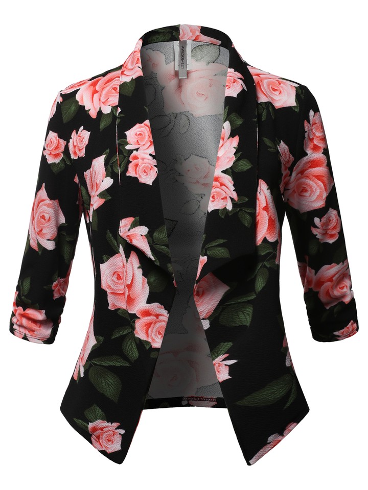 FashionOutfit Women's Solid/Print Stretch 3/4 Gathered Sleeve Open ...