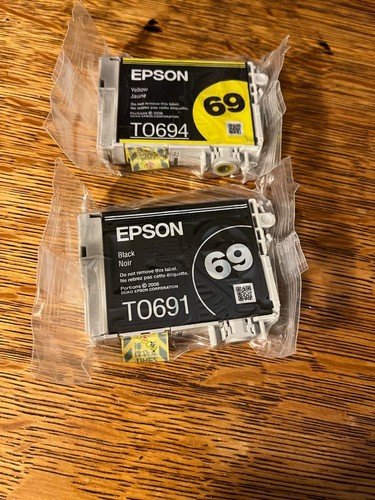 2 Official Epson 69 Ink Cartridges ONE Yellow T0694 & ONE Black T0691 ...