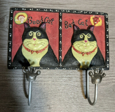 Good Cat Bad Cat 6.5"x6" Kitty Wall Plaque 2 Hook Leash Key Holder ...
