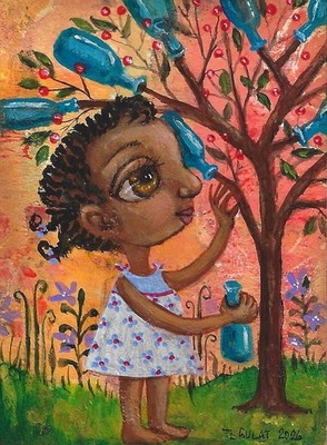 ACEO Original Mini Acrylic Painting Girl Blue Bottle Tree Gulat | eBay
