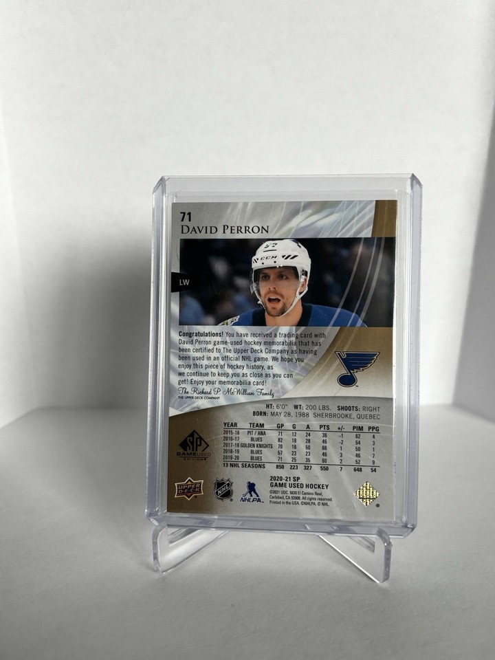 2020-21 Upper Deck SP Game Used - David Perron #71 Gold Patch /25 (MEM ...