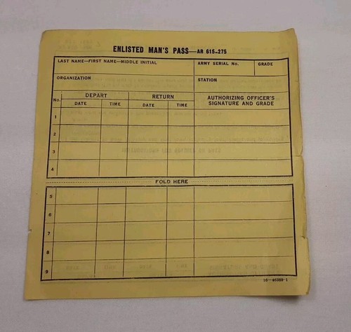 1945 Original WWII Unused U.S. Army Enlisted Man's Pass Form World War ...