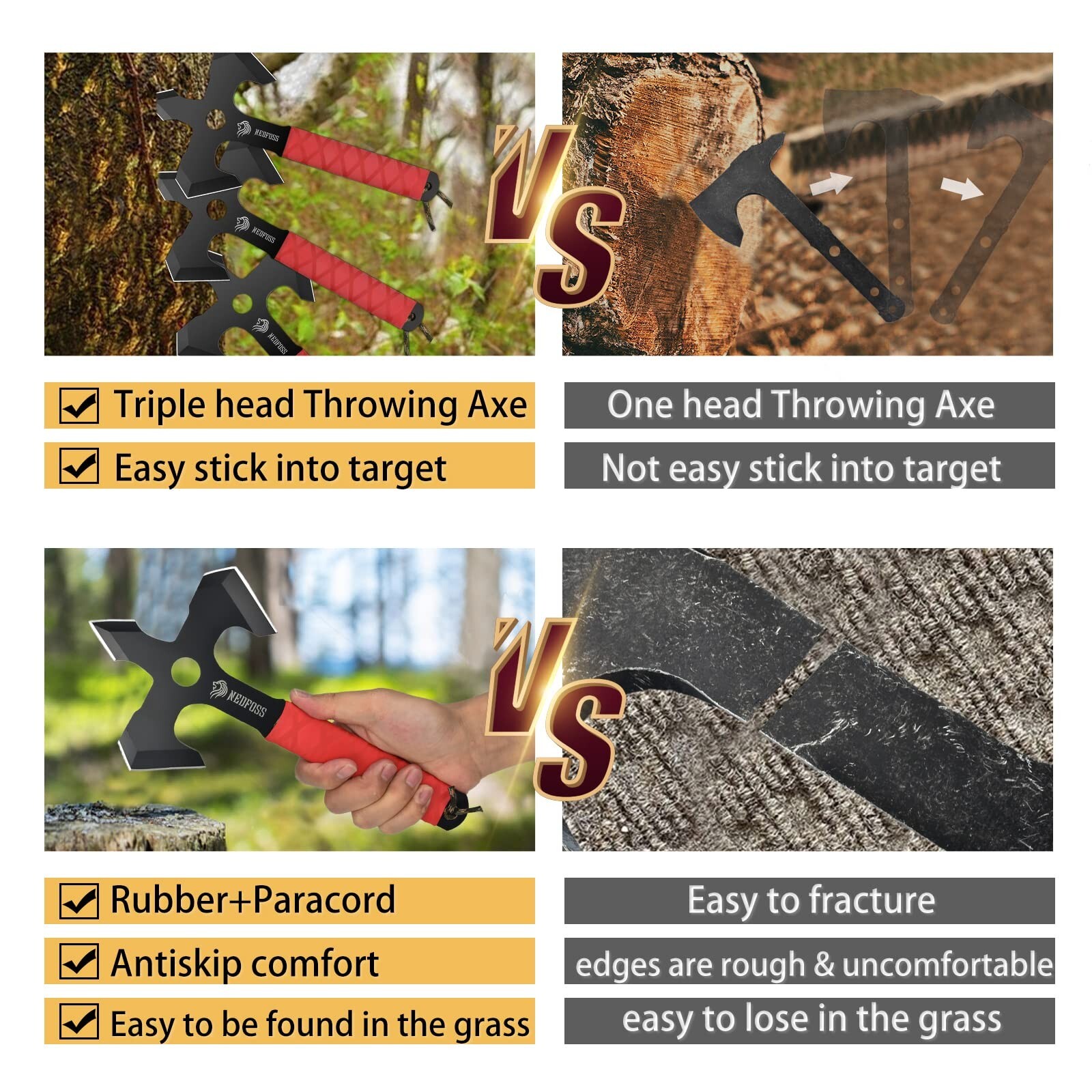 NedFoss Axe Throwing, 11.9" Full Tang Triple Edge Throwing Axe with ...