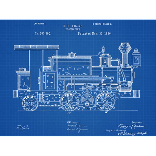 Adams Locomotive Train Rail 1886 Patent Plan Canvas Wall Art Print ...