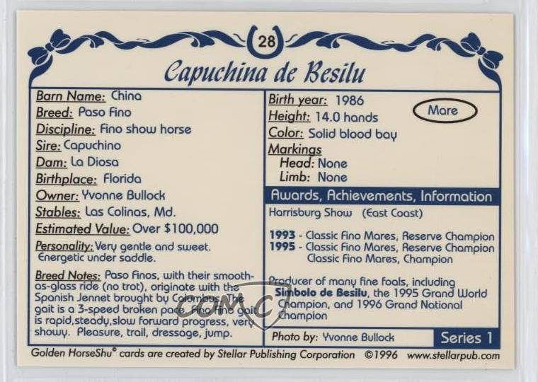 1996 Stellar Publishing Golden HorseShu Series 1 Capuchina de Besilu ...