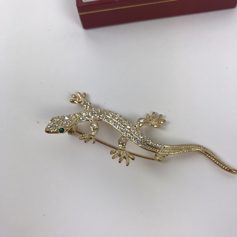 Vtg Signed ROMAN Lizard Gecko Brooch Pin Gold Tone Rhinestone in box | eBay