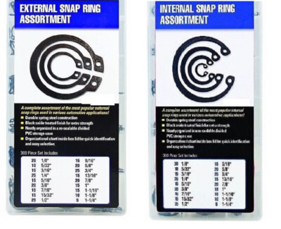 300 each Internal & External Snap Rings SAE Sizes Retaining Assortment ...