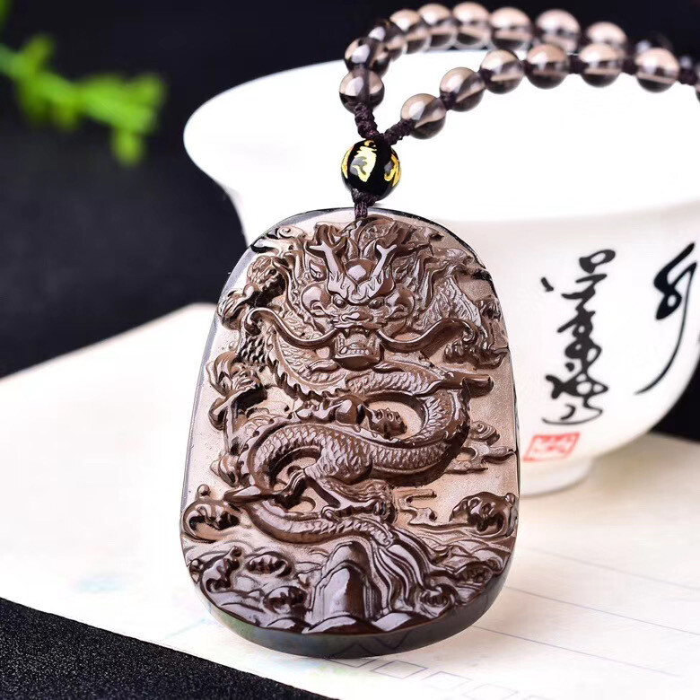 Crystal Natural ice obsidian dragon necklace amulet pendant with bead ...