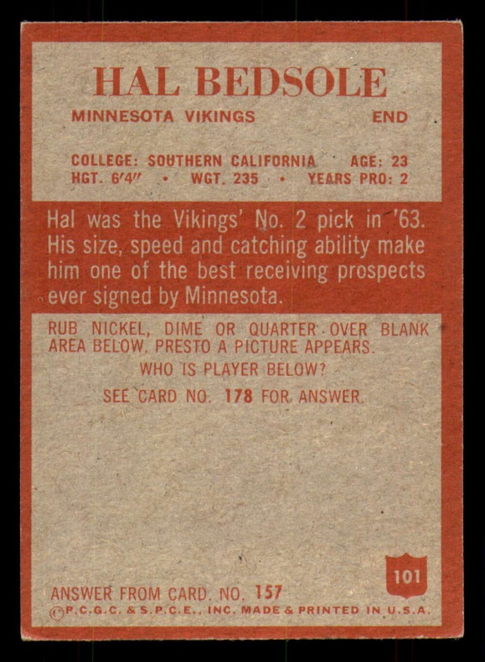1965 Philadelphia #101 Hal Bedsole Excellent RC Rookie Vikings ID ...