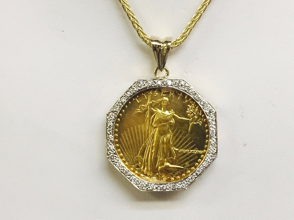 2Ct Round Lab Created Diamond Lady Liberty Coin Pendant 14K Yellow Gold ...