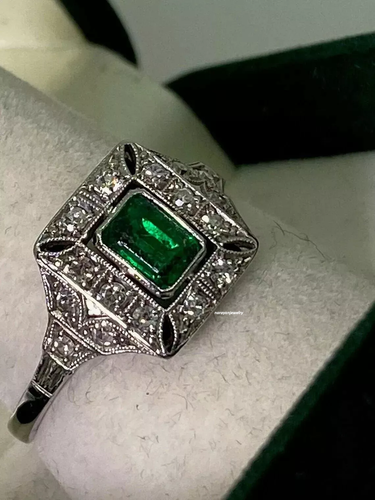 Art Deco Vintage Green Emerald & Lab Created Diamond 925 Silver ...