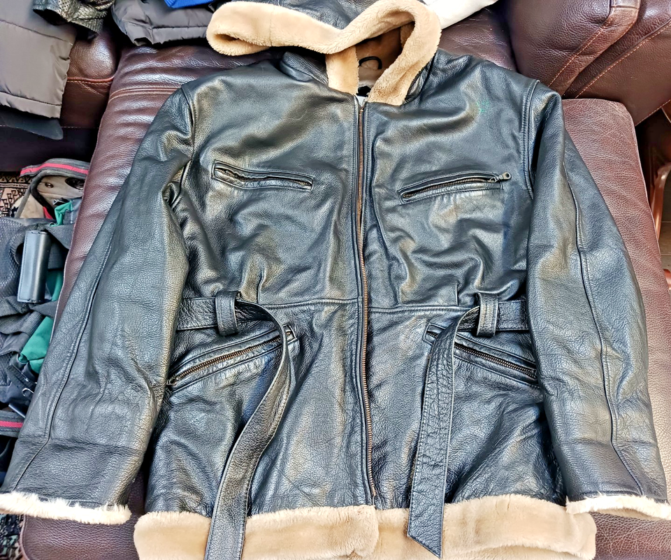 SEAN ALEXANDER LEATHER BELTED SHEARLING HOODED WINTER COAT SIZE MEDIUM ...