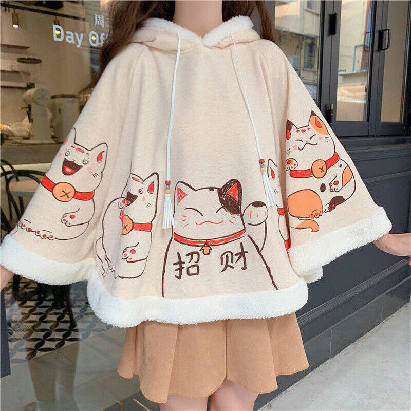 Women Girls Cloak Coat Fleece Hooded Cape Jacket Poncho Fortune Lucky ...