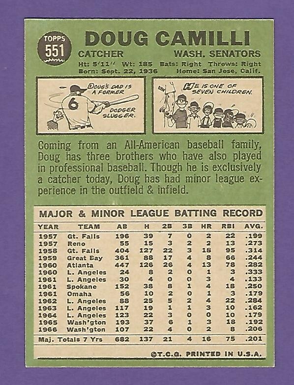 1967 Topps - #551 Doug Camilli - Washington Senators - NrMt+ CENTERED ...