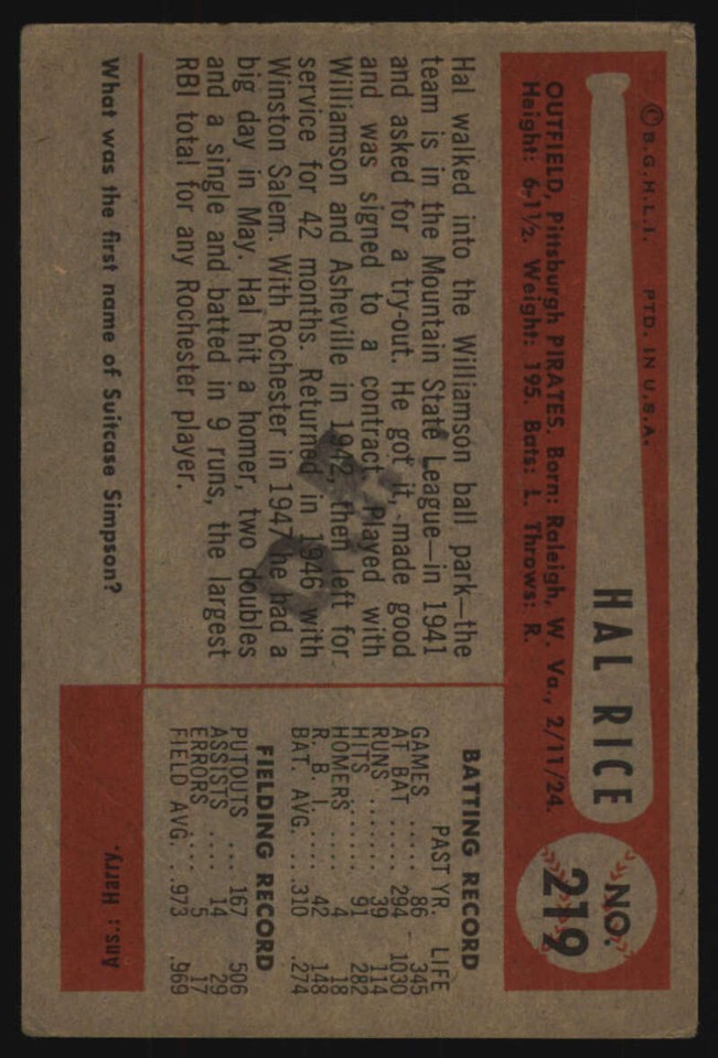1954 Bowman #219 Hal Rice G Pirates 571983 | eBay