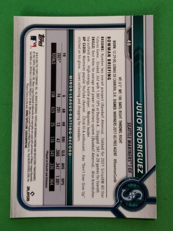 2022 Bowman Chrome Sapphire Julio Rodriguez #48 Rookie Card RC Mariners ...