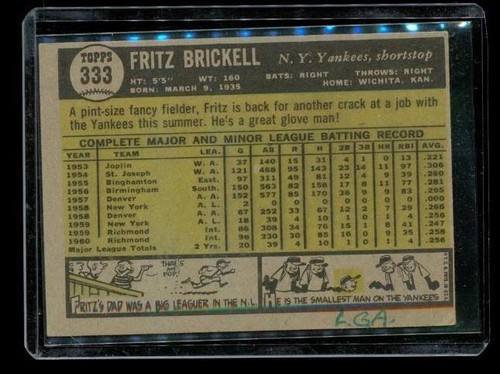 Vintage 1961 TOPPS ROOKIE Baseball Card #333 FRITZ BRICKELL New York ...