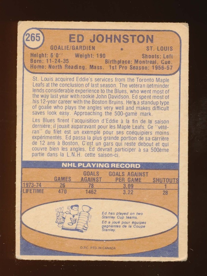 1974-75 O-Pee-Chee #265 Ed Johnston St-Louis Blues hockey card BB-19 | eBay
