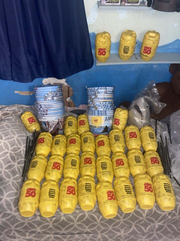 Jaws 50th Anniversary Popcorn Bucket Tin & Barrel Cup Set Regal Theater ...