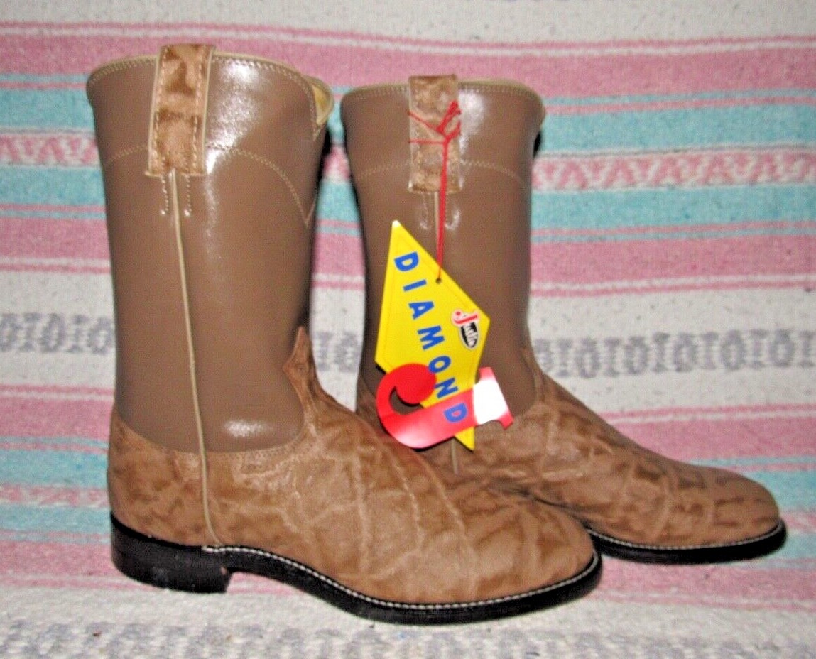 Mens Justin Diamond J Beige Elephant PRINT Leather Roper Cowboy Boots 7 ...