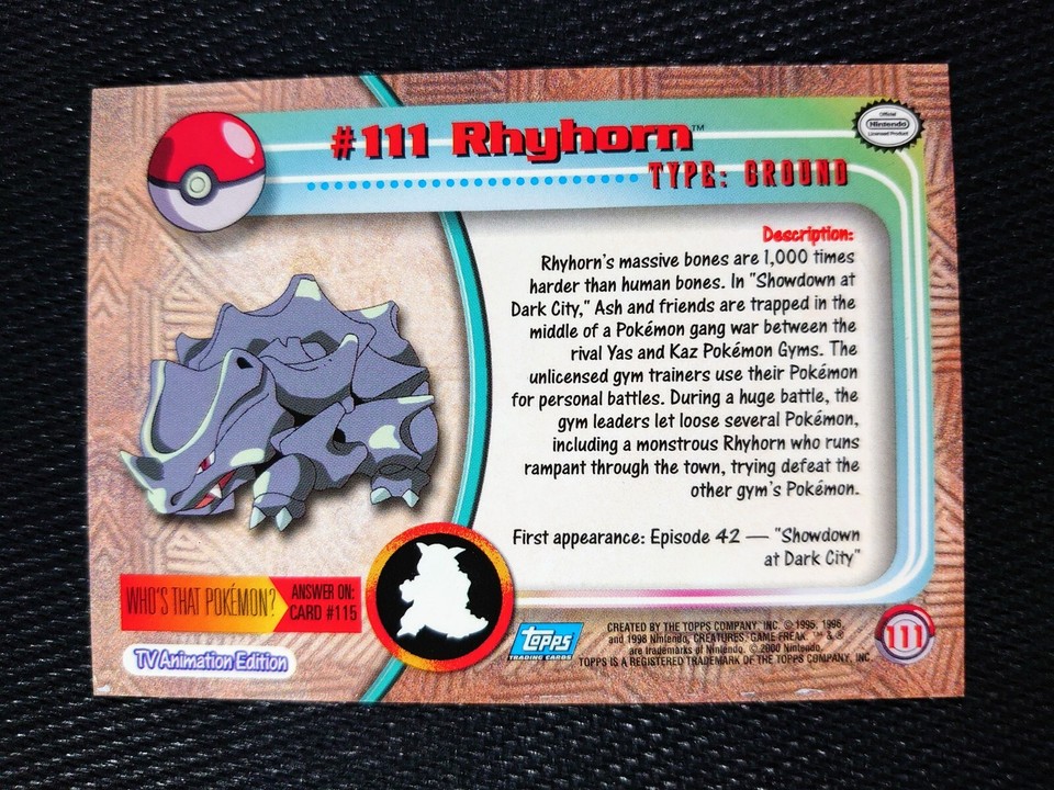 Pokemon - Topps 1999 - #111 Rhyhorn - Non Holo - Blue Logo - WTP ...