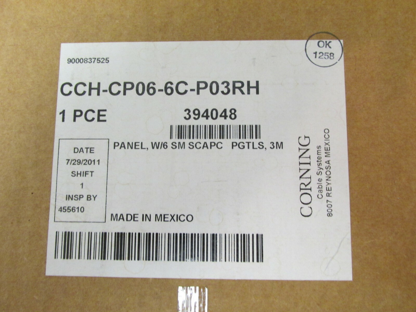 CORNING CCH-CP06-6C-P03RH CLOSET CONNECTOR HOUSING CCH PANEL W/6 SM ...