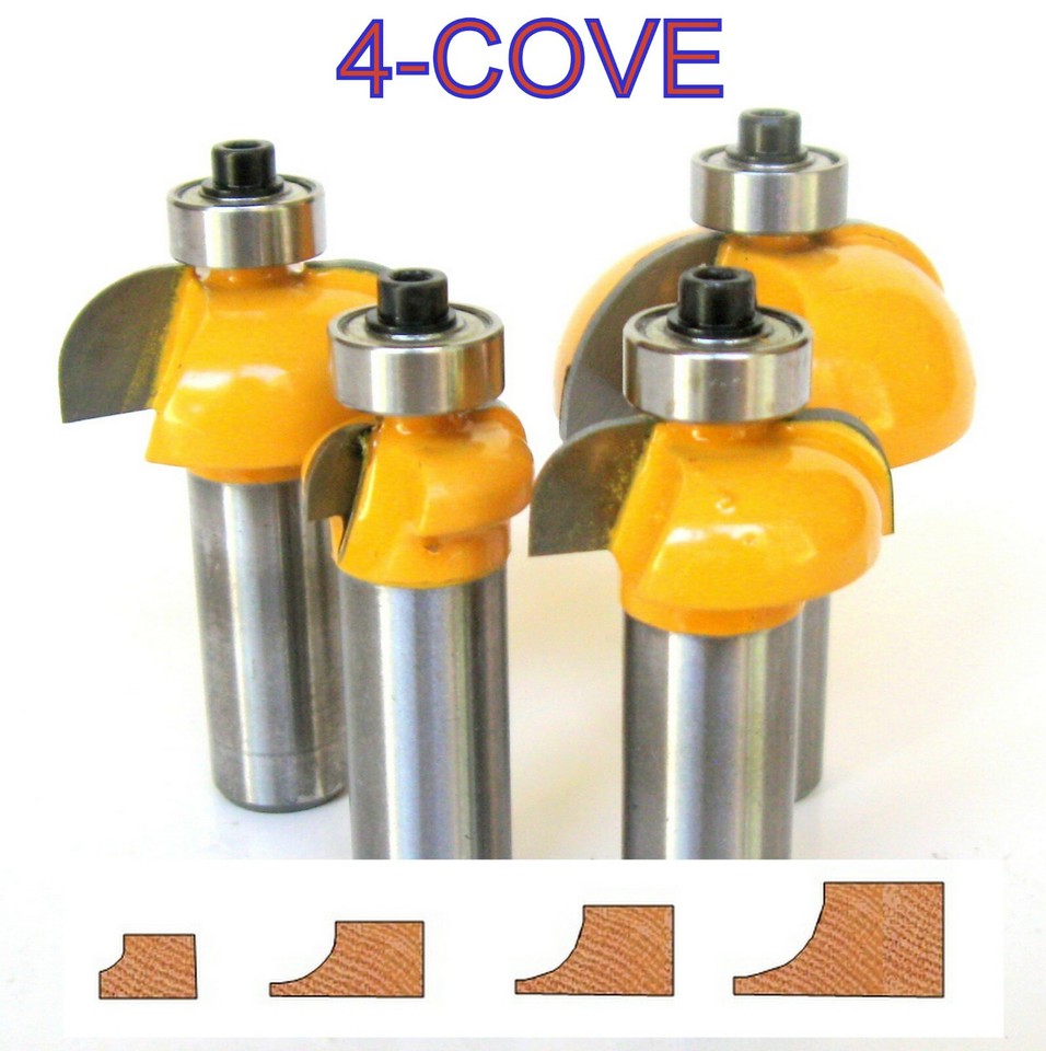 4pc 1/2" Shank Radius 1/2",3/8",1/4",1/8" Cove Convex Router Bit Set ...