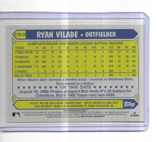 2022 Topps 35th Anniversary #87TB-12 Ryan Vilade Colorado Rocli Rookie ...