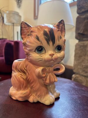 Lefton White Pink Kitten Cat Planter Big Eye Kitsch Cute Bow Ceramic ...