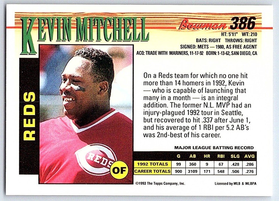 1993 Bowman Kevin Mitchell Cincinnati Reds #386 | eBay