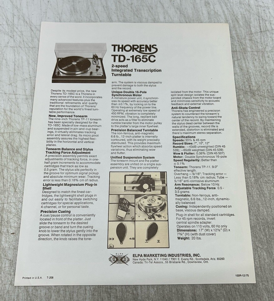 THORENS TD-165C TURNTABLE ORIGINAL COLOR PROMOTIONAL AD LEAFLET M353 | eBay