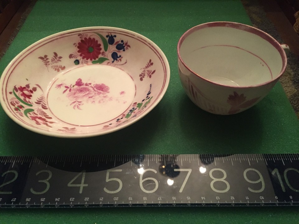 ENGLISH PINK LUSTRE WARE Early 19th Century Cup Saucer and early print ...