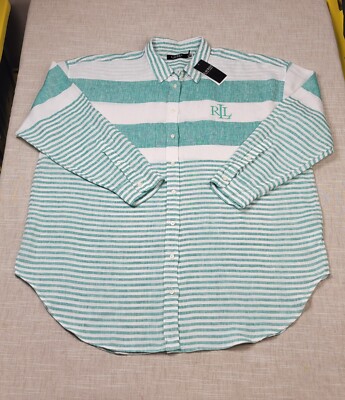 Ralph Lauren LRL Linen Button Up Shirt 2XL Womens Green White Striped ...