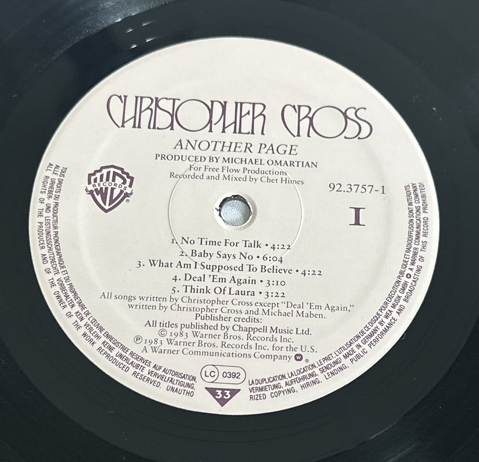 Christopher Cross - Another Page - 12” Vinyl LP Album & Lyrics Sleeve ...