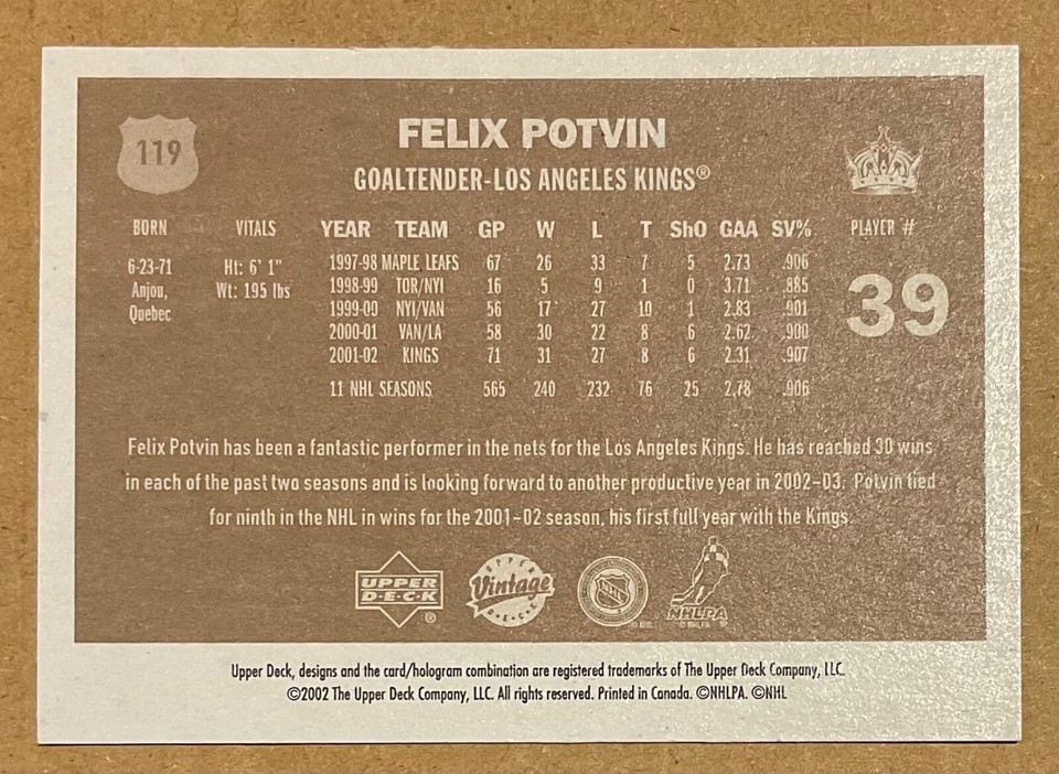 2002-03 FELIX POTVIN UPPER DECK VINTAGE GOALIE CARD #119 LOS ANGELES ...