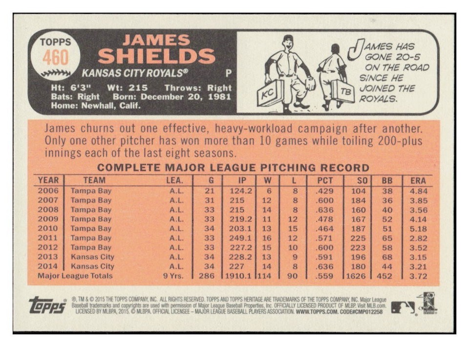 G618 JAMES SHIELDS SP 2015 TOPPS HERITAGE SHORT PRINT #460 KANSAS CITY ...
