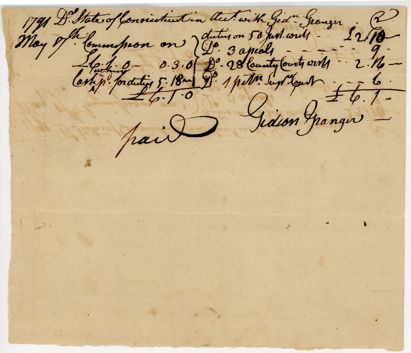 Manuscript Receipt Legal work for Connecticut by Gideon Granger 1791 | eBay