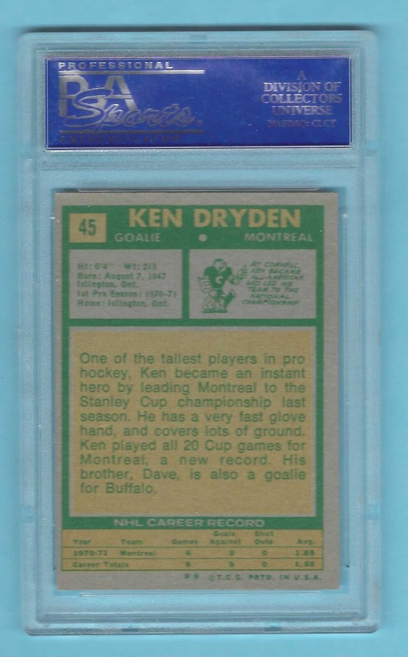 1971-72 Topps 45 Ken Dryden Montreal Canadiens! ROOKIE CARD! PSA 8 NM ...